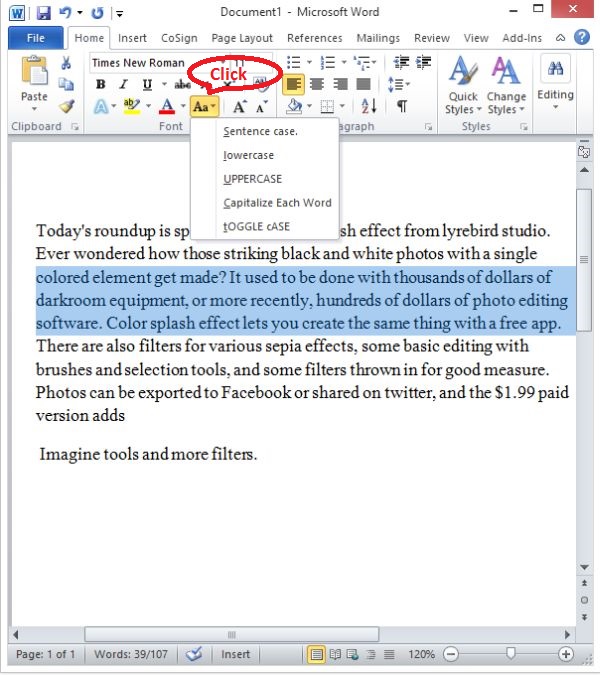 Change Case In Text Document In Word 2010